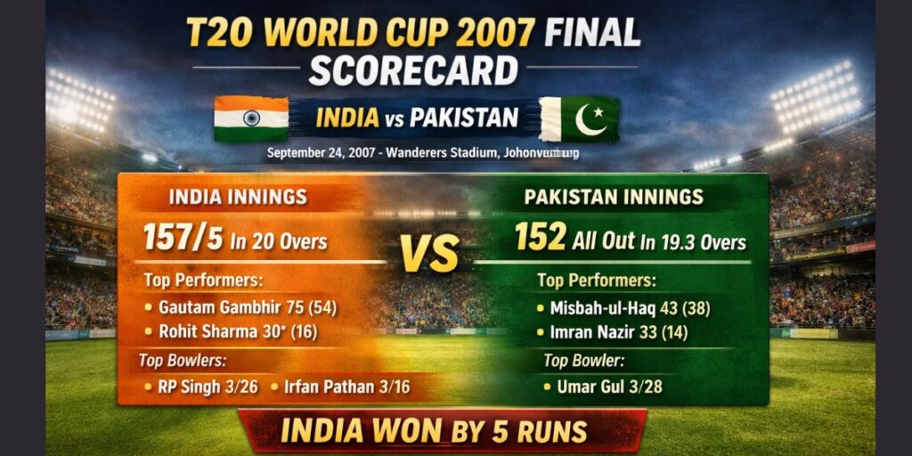 T20 World Cup 2007 Final Scorecard – Ind vs Pak Match Details